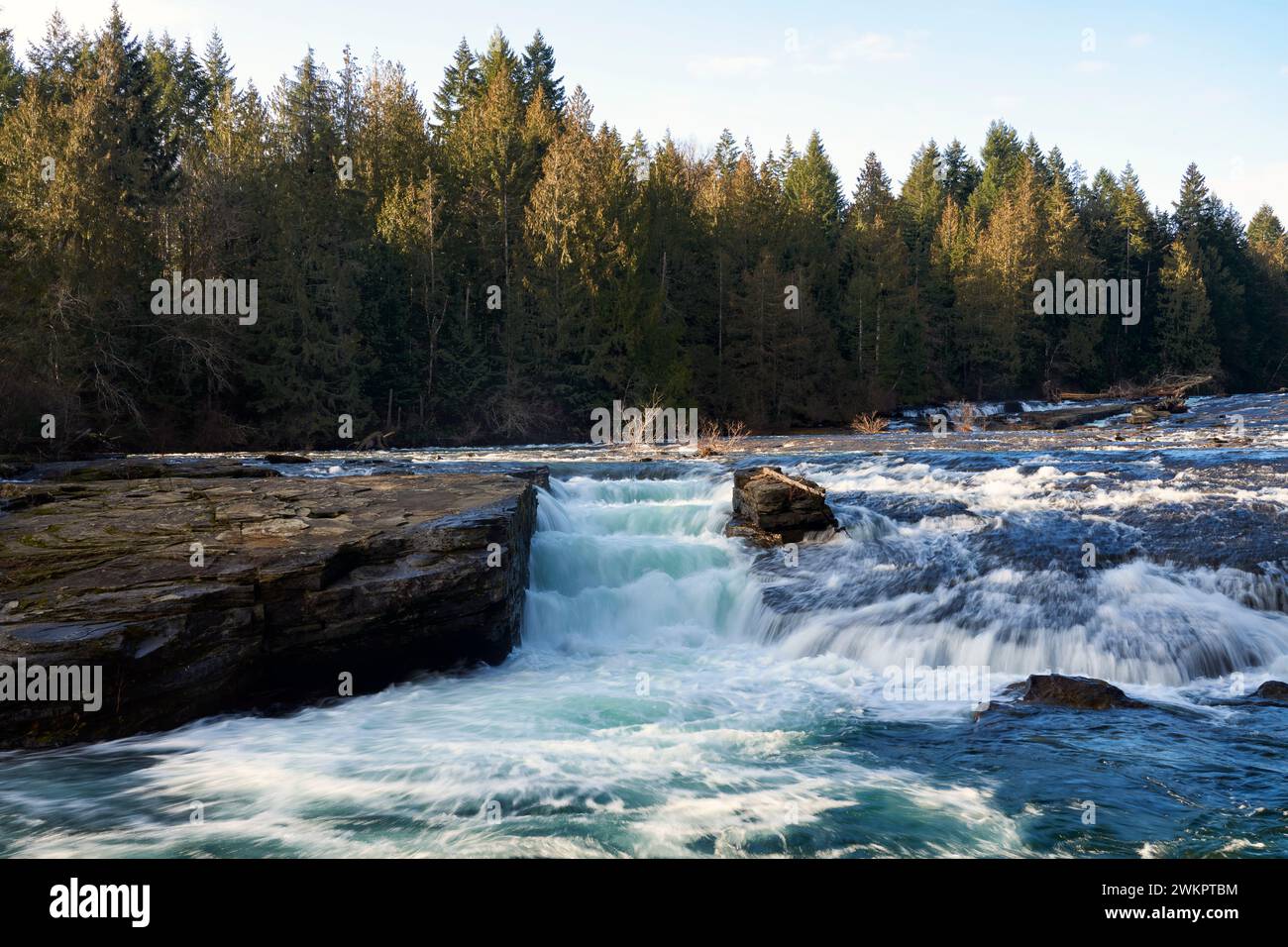 The rushing white water at Nymph Falls descending the fish ladder and ...
