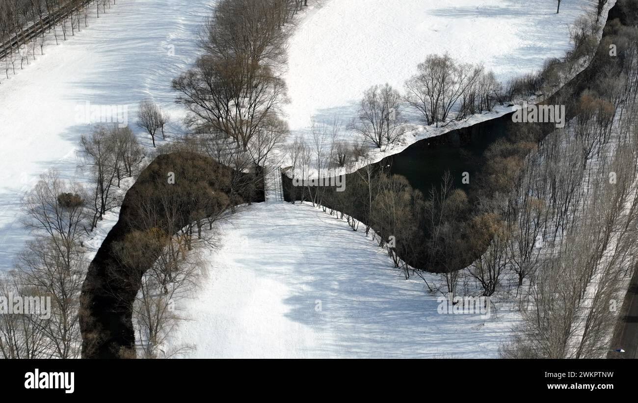 Aerial photo shows snow scenery around the Hun River in Shenyang City ...