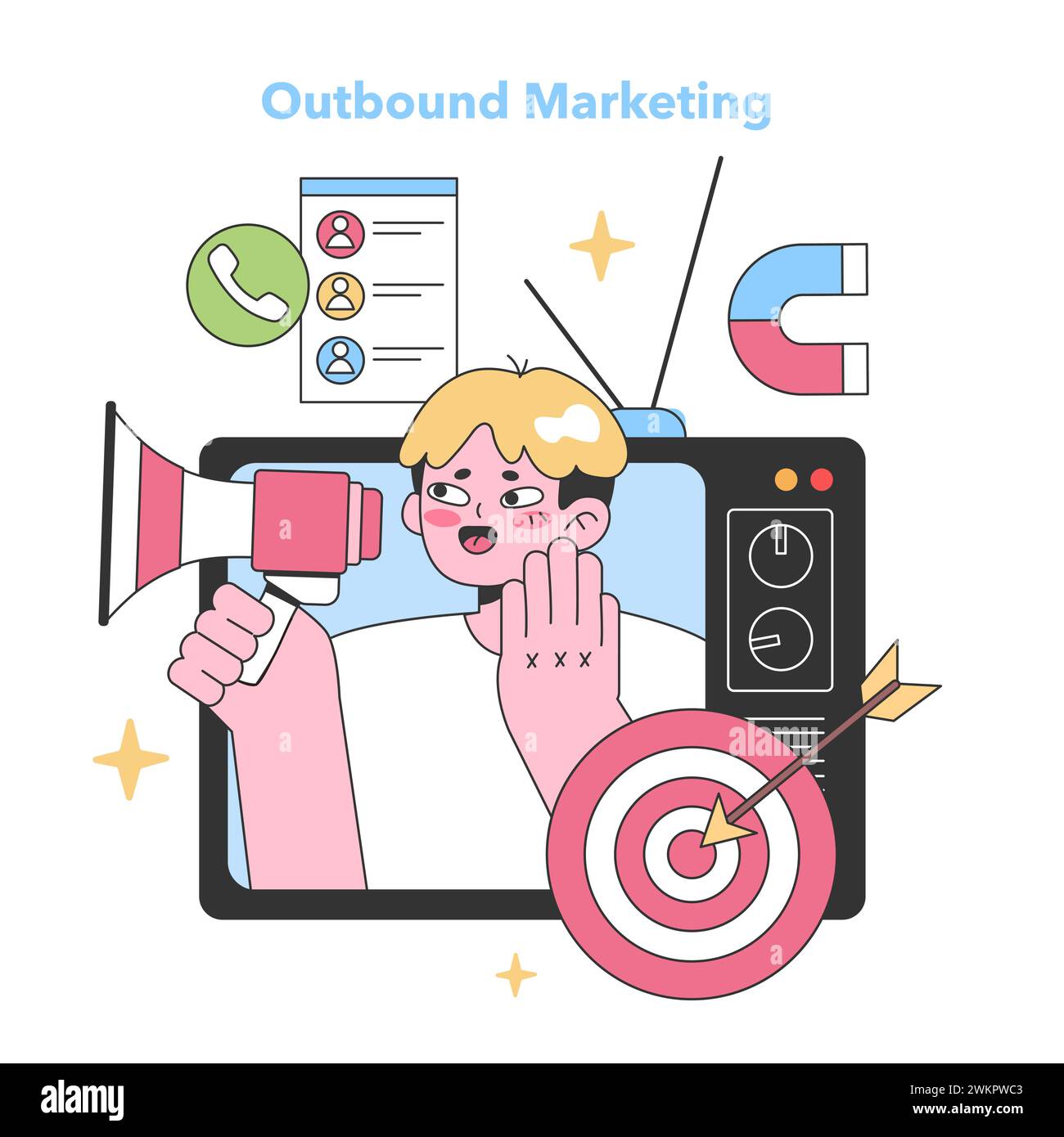 Outbound Marketing concept. Marketer attracts customers with megaphone, targets, and call lists ...