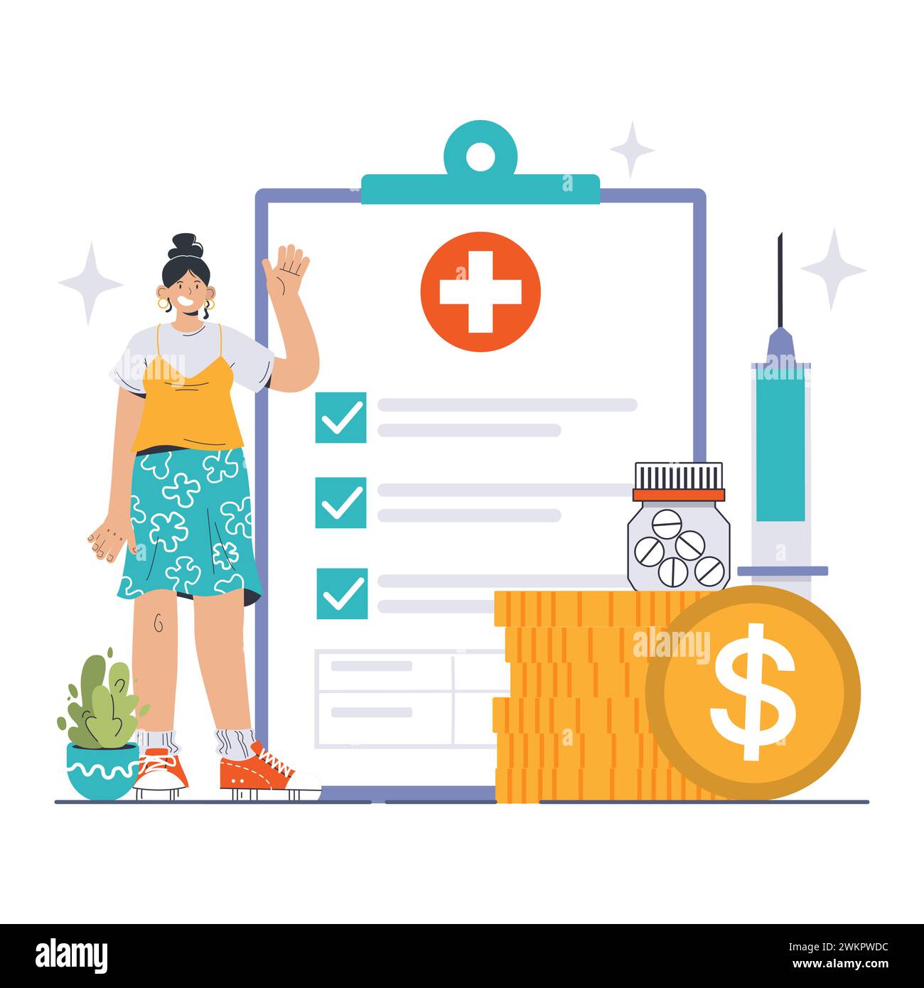 Co-payment concept. A cheerful individual gestures to a checklist, with ...