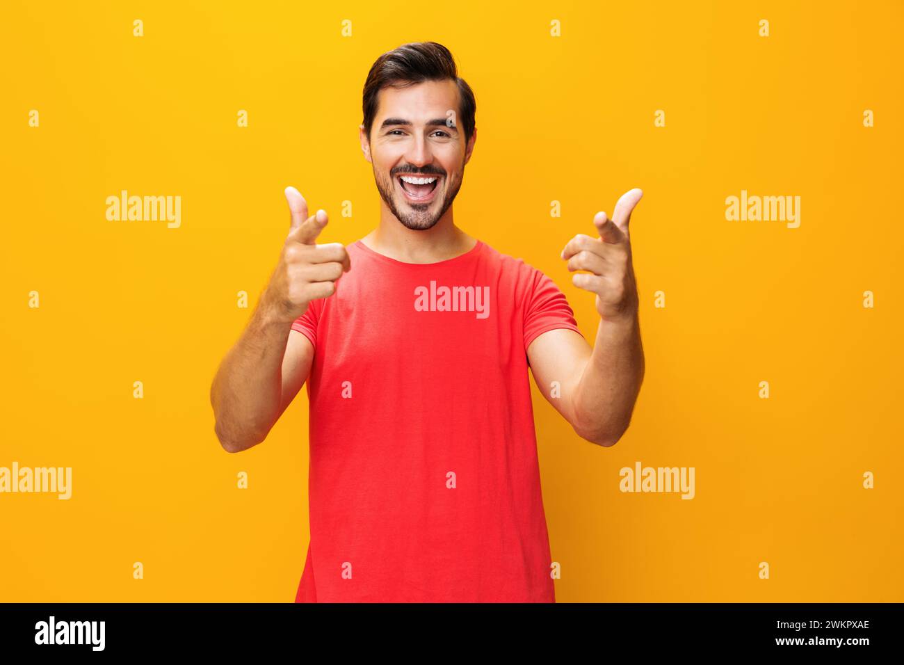 Yellow man lifestyle copy style arm laughing model smiling fashion guy ...