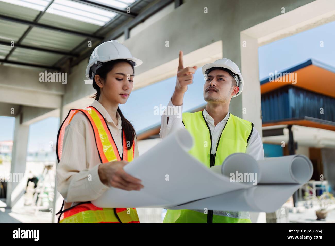 team engineer, foreman, architect meeting for colleagues discussing and checks construction ...