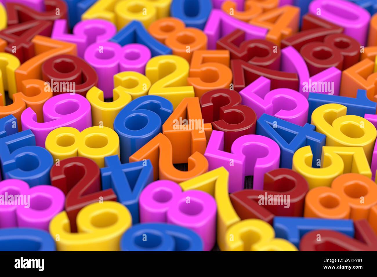 Math Concept. Pile of Colorful Plastic Numbers extreme closeup. 3d ...