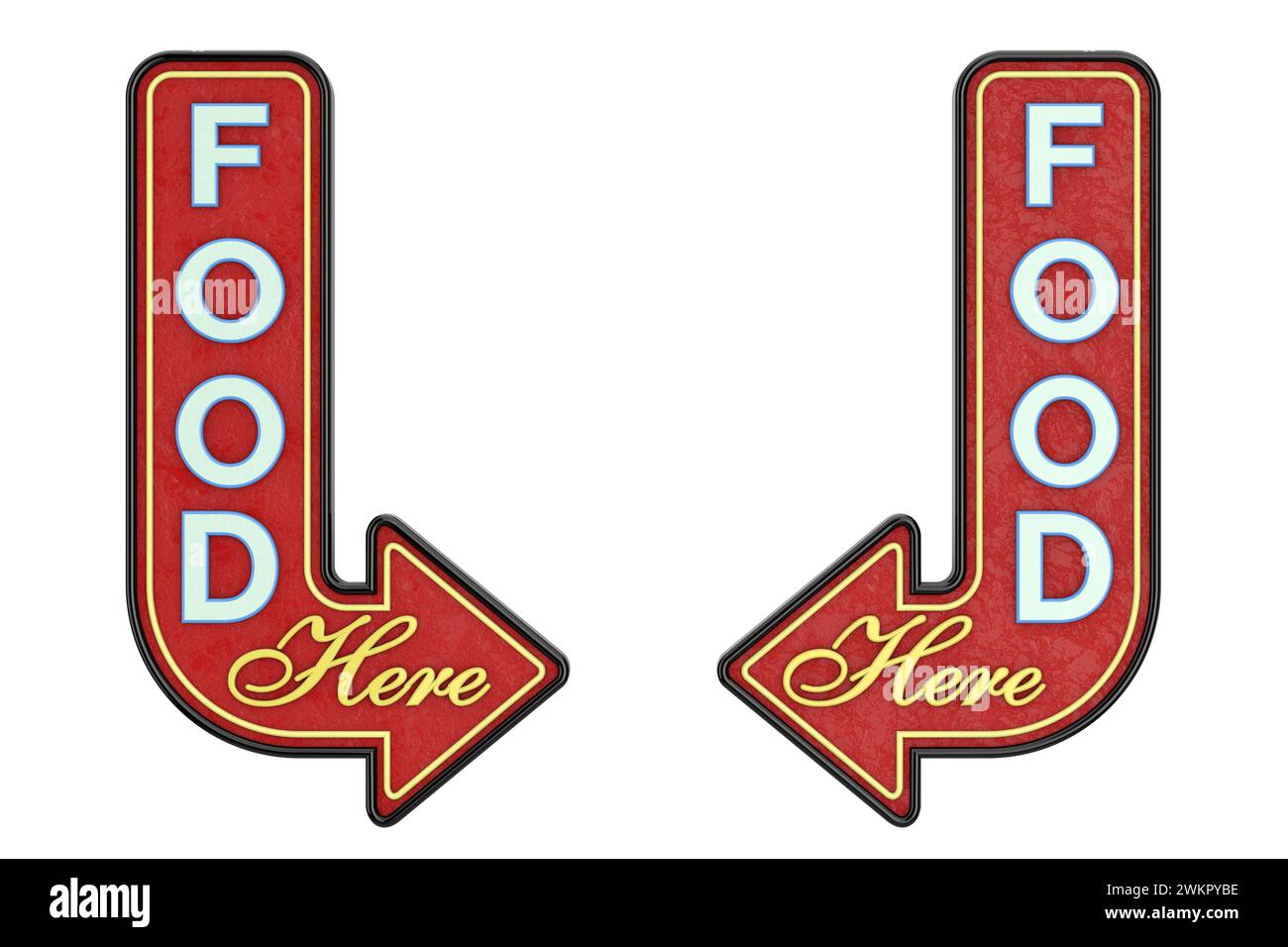 Vintage Rusty Metal Food Here Arrow Sign on a white background. 3d ...