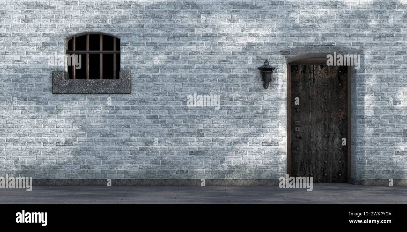 Prison Rusted Entrance Door and Barred Window with Brick Wall ...