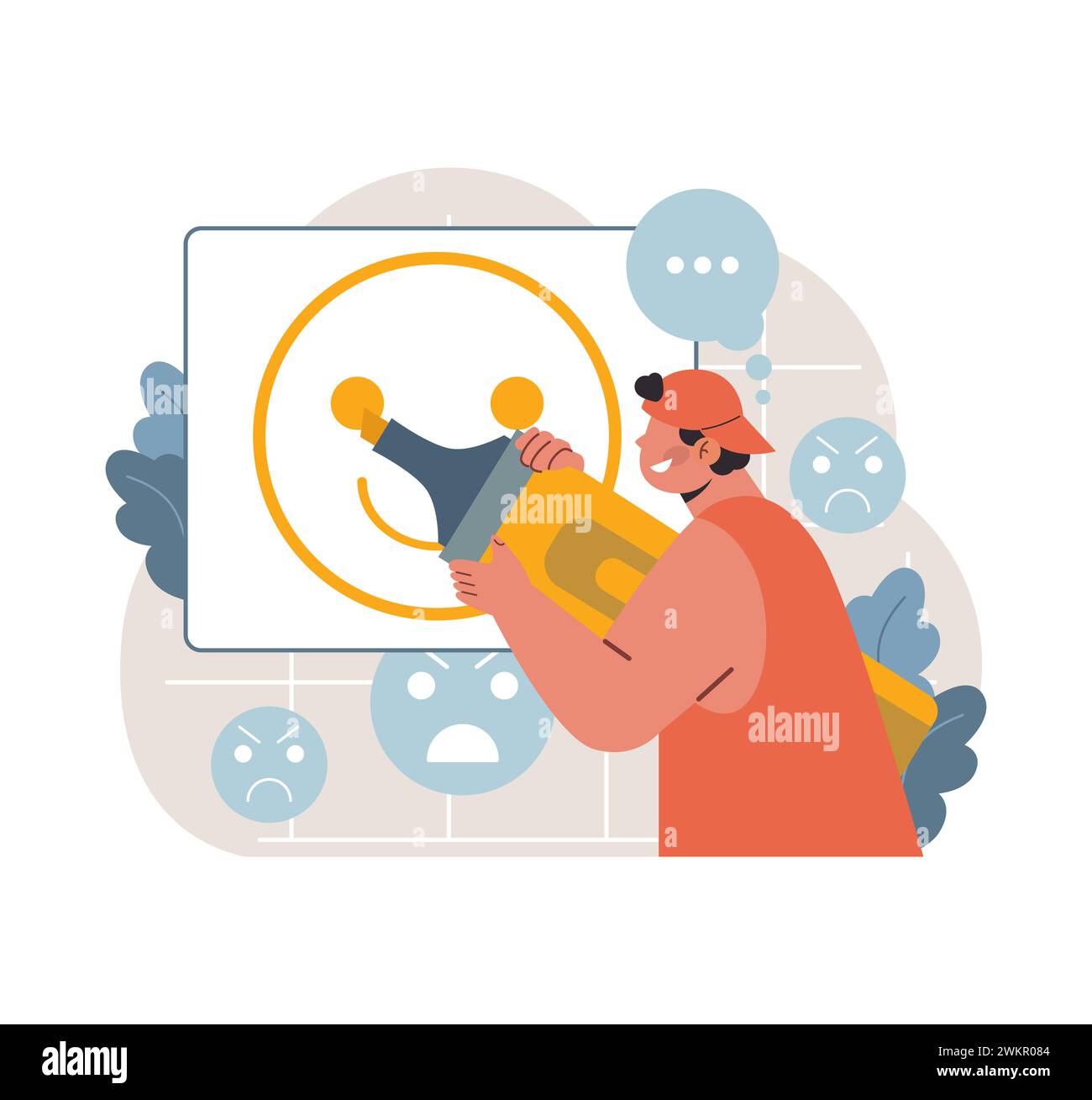 Man presenting the essence of happiness on a screen. Demonstrating joy ...