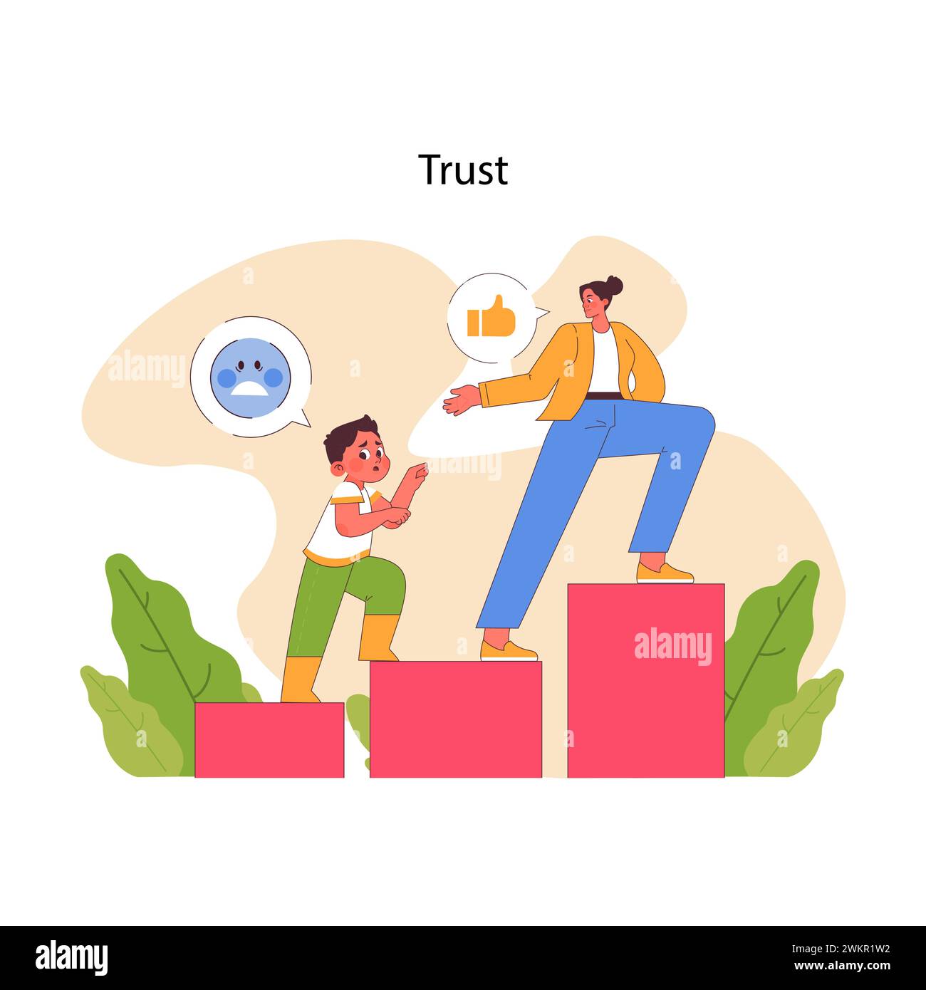 Trust concept. Adult guiding a frightened child to overcome obstacles ...