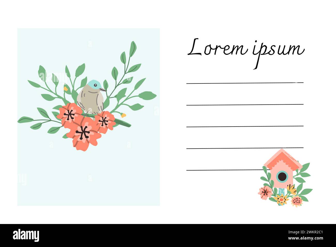 Spring greeting card template with birds and birdhouse with flowers ...