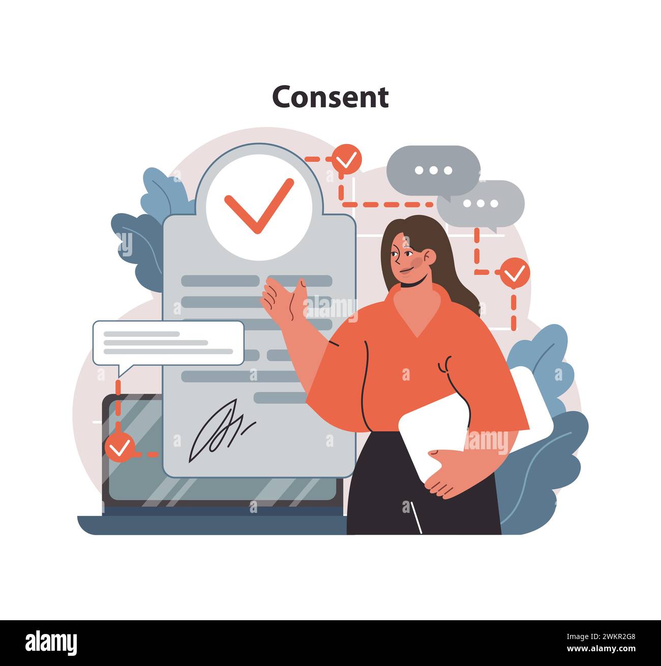 Consent concept. Woman confirming with a checkmark on digital paperwork ...