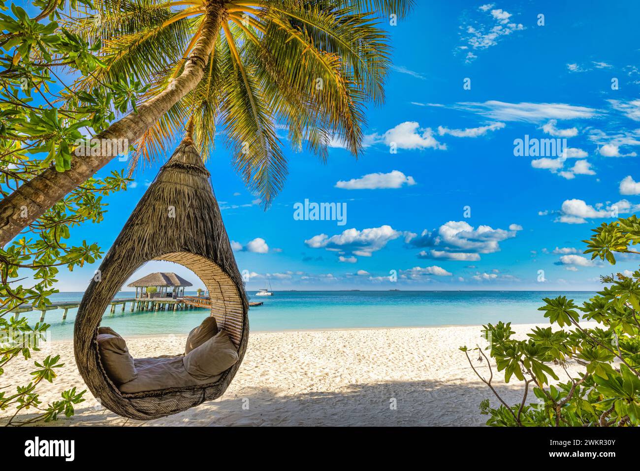 Luxury beach background as summer landscape with beach swing or hammock ...