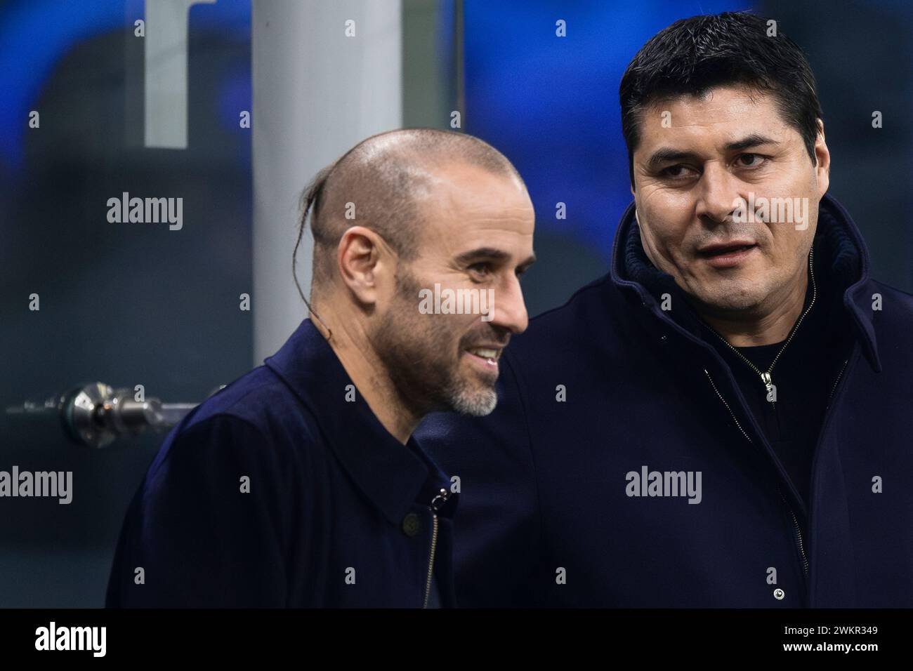 Milan, Italy. 20 February 2024. Julio Cruz speaks with Rodrigo Palacio ...