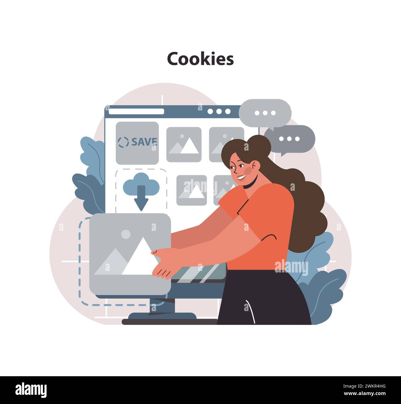Cookies concept. Smiling woman interacts with a webpage displaying Save ... Cookies concept. Smiling woman interacts with a webpage displaying Save ...
