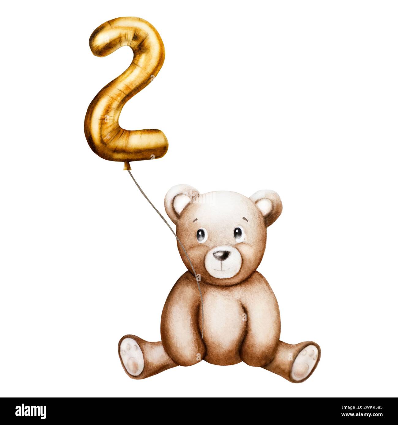 Watercolor cute cartoon teddy bear with golden foil balloon number 2 on ...