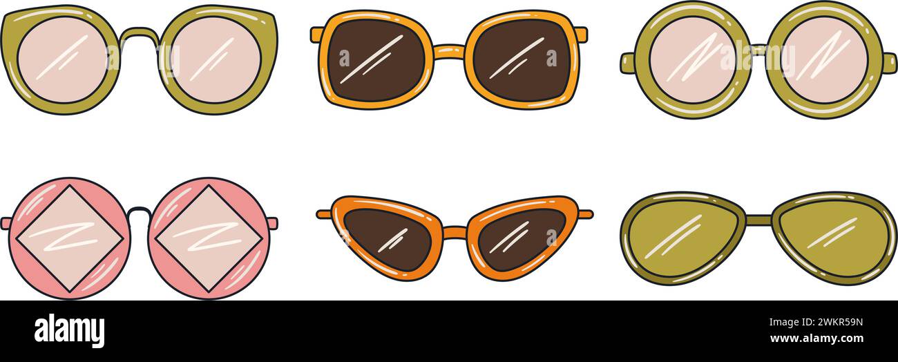 Set of different retro style, hippie sunglasses. Retro aesthetic vibe ...