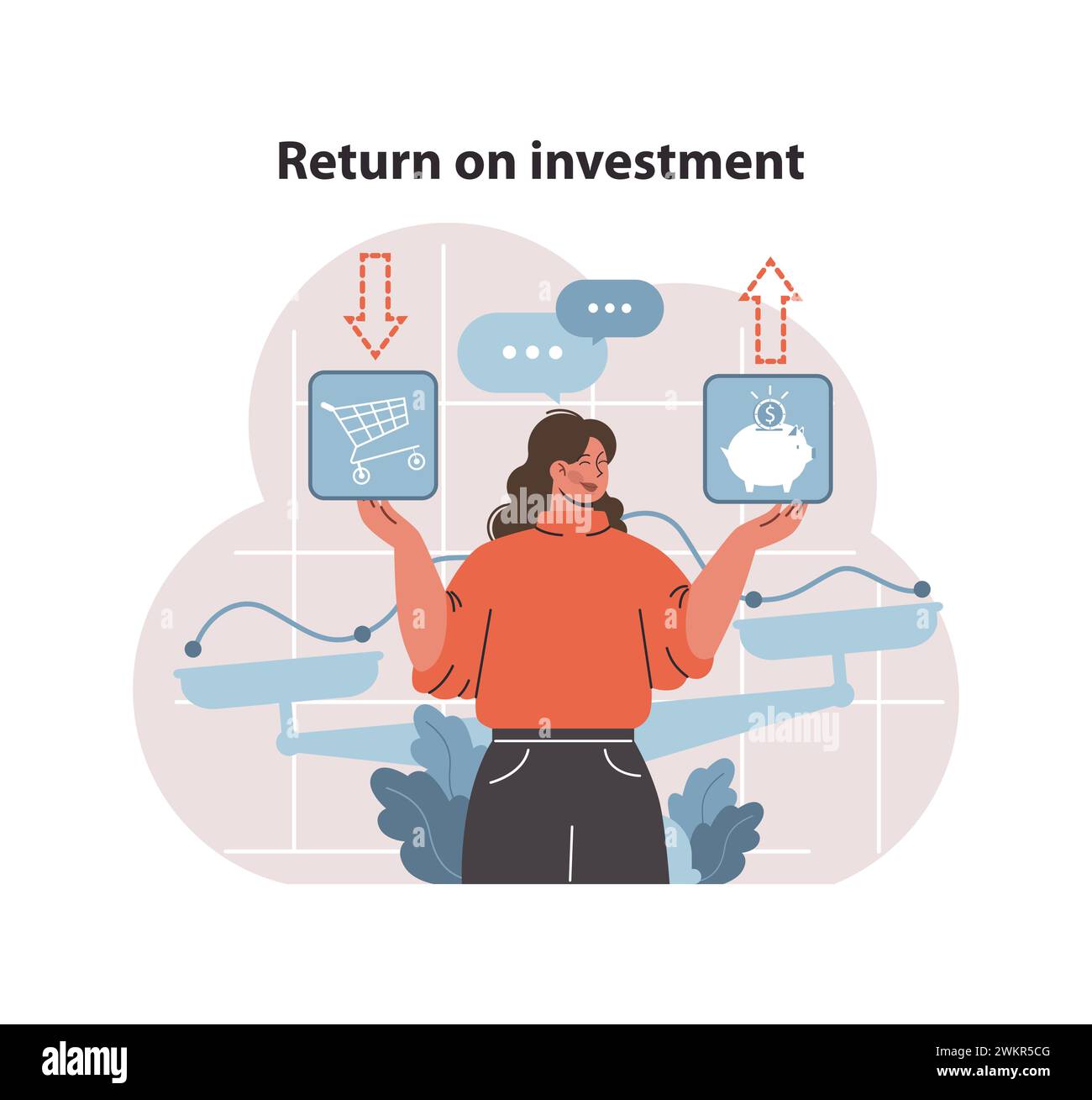 Return on investment concept. Woman balances shopping cart and piggy ...