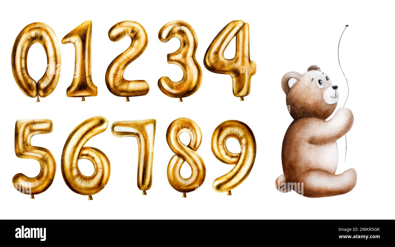 Watercolor cute cartoon teddy bear with golden foil balloon numbers ...