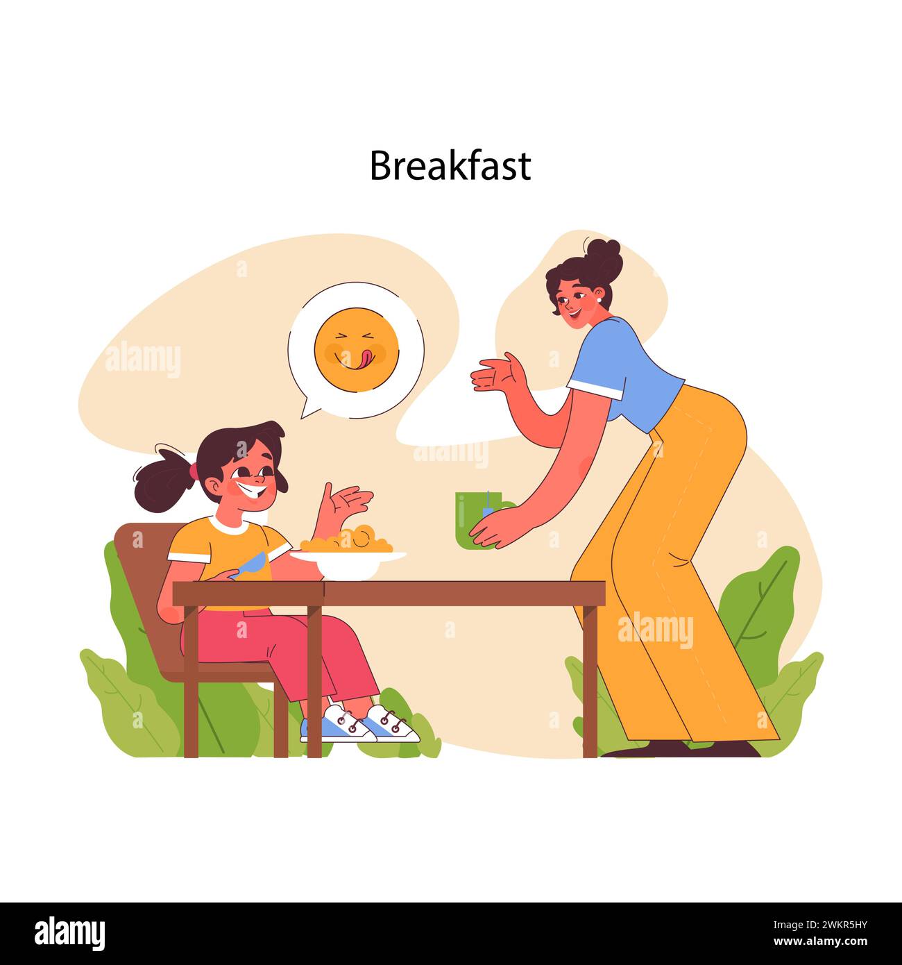 Breakfast concept. Loving mother serves a joyful morning meal, with ...