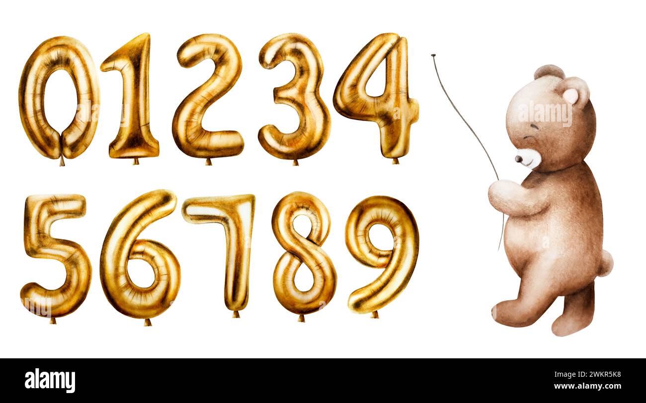 Watercolor cute cartoon teddy bear with golden foil balloon numbers ...