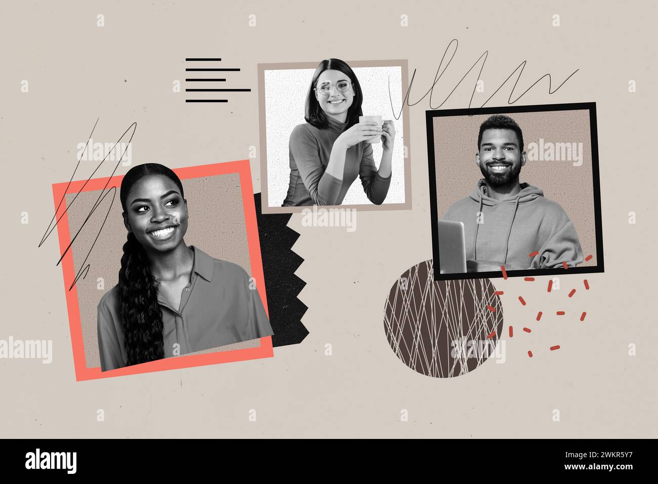 Creative collage picture young carefree colleagues employees photo ...