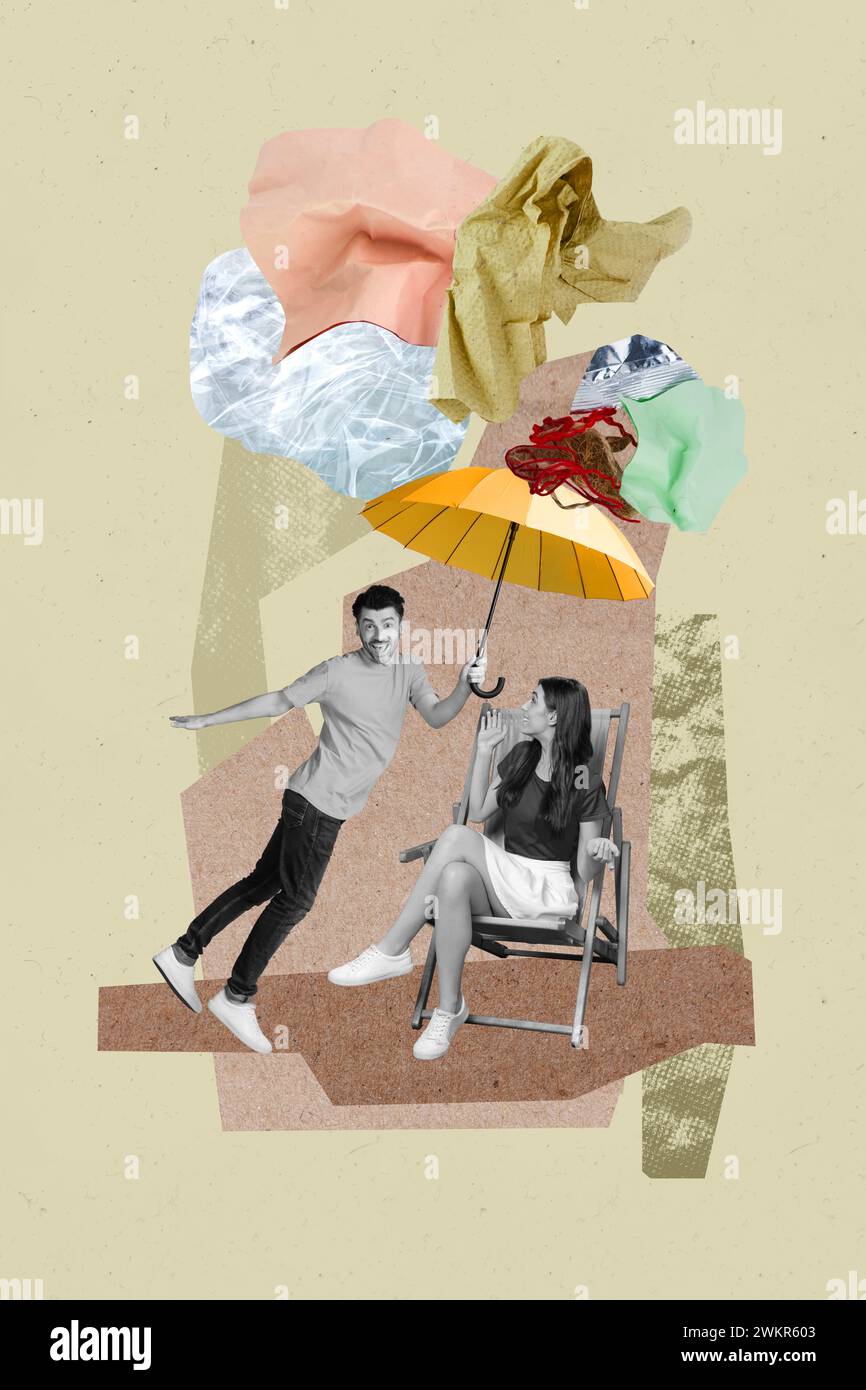 Vertical image collage young man hold umbrella flight cover trash air ...