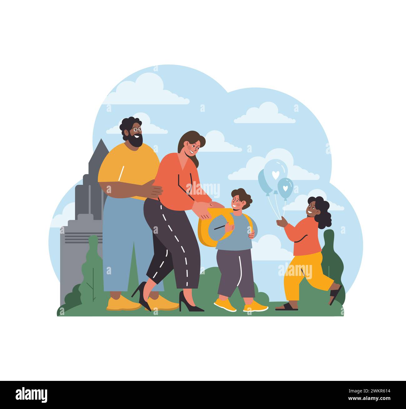 Integration in Society. A diverse family joyfully walks together ...