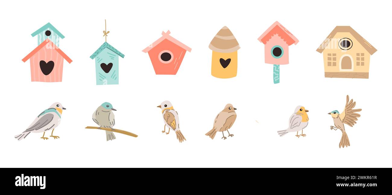 Spring birds and birdhouses set in flat, wooden birdhouses. Vector ...