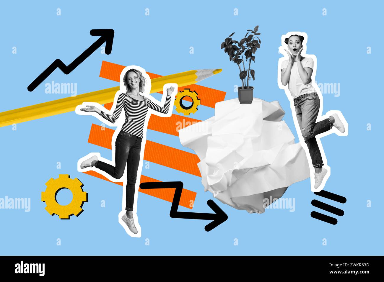 Creative photo collage young two girls happy surprised stunned reaction ...