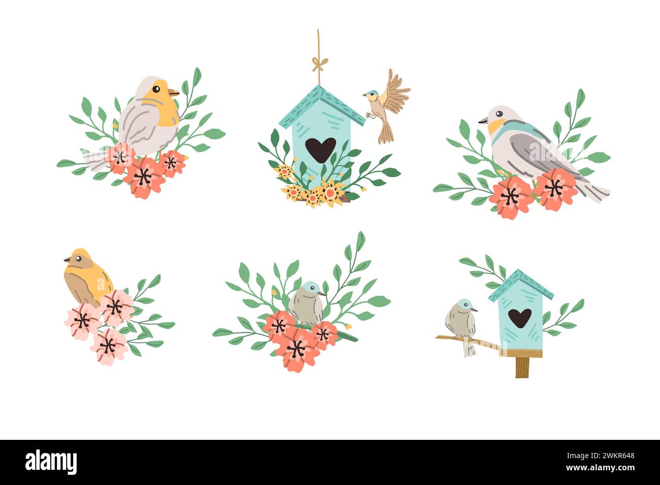Spring birds and birdhouses design set with floral elements. Vector ...