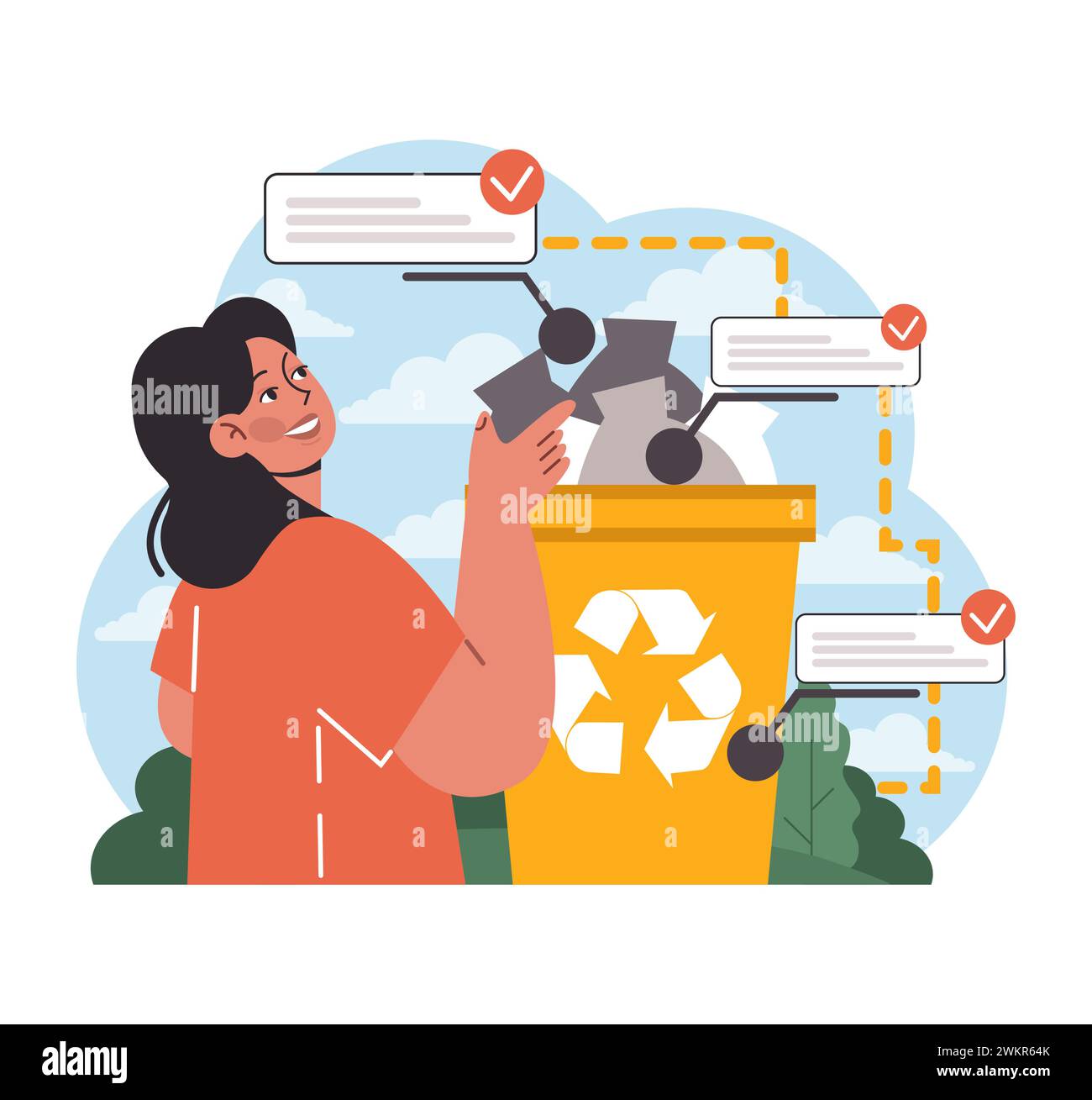 Woman participating in waste separation. Cheerfully depositing ...