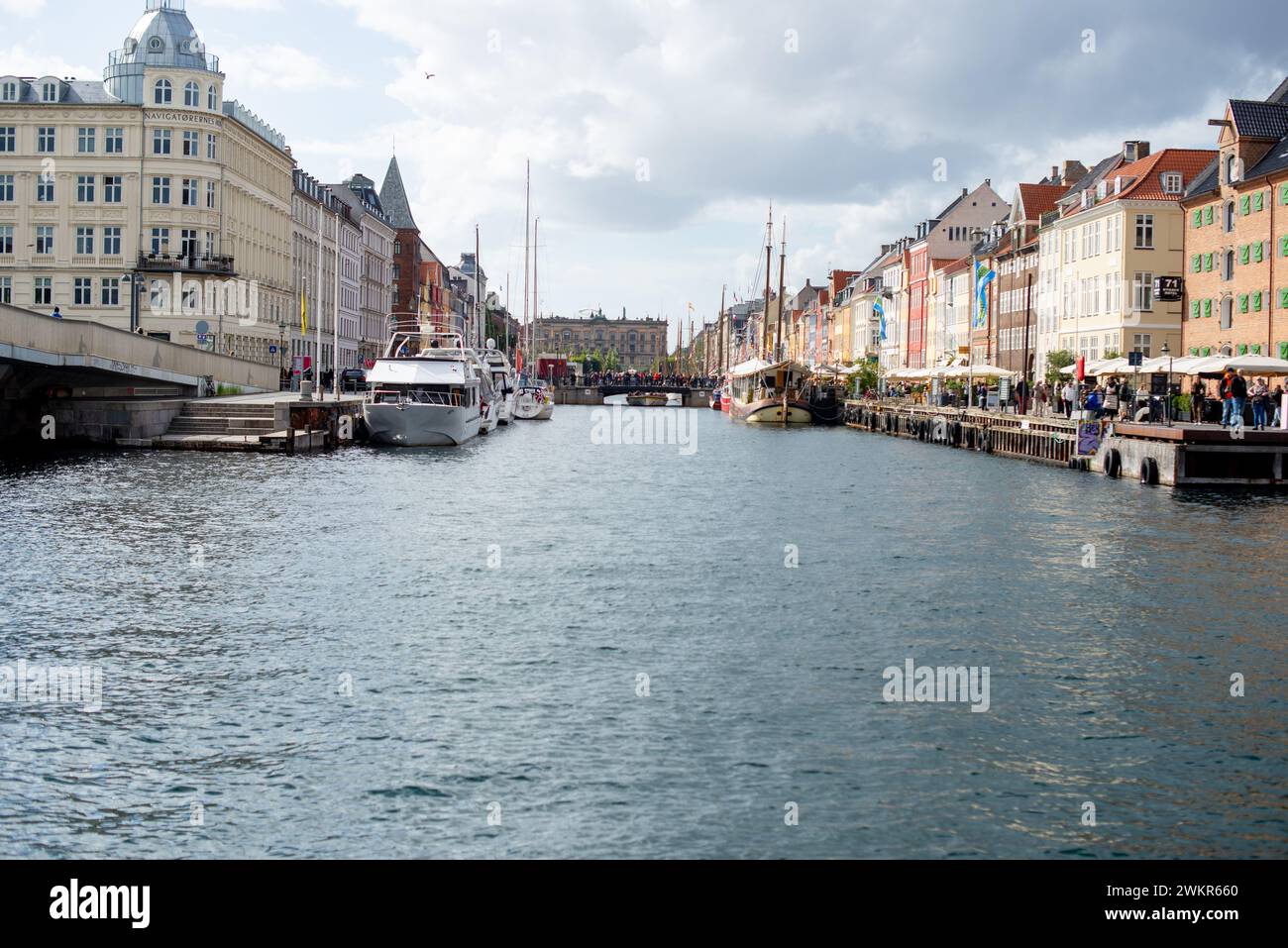 A scenic river view of vibrant buildings and boats in Copenhagen ...