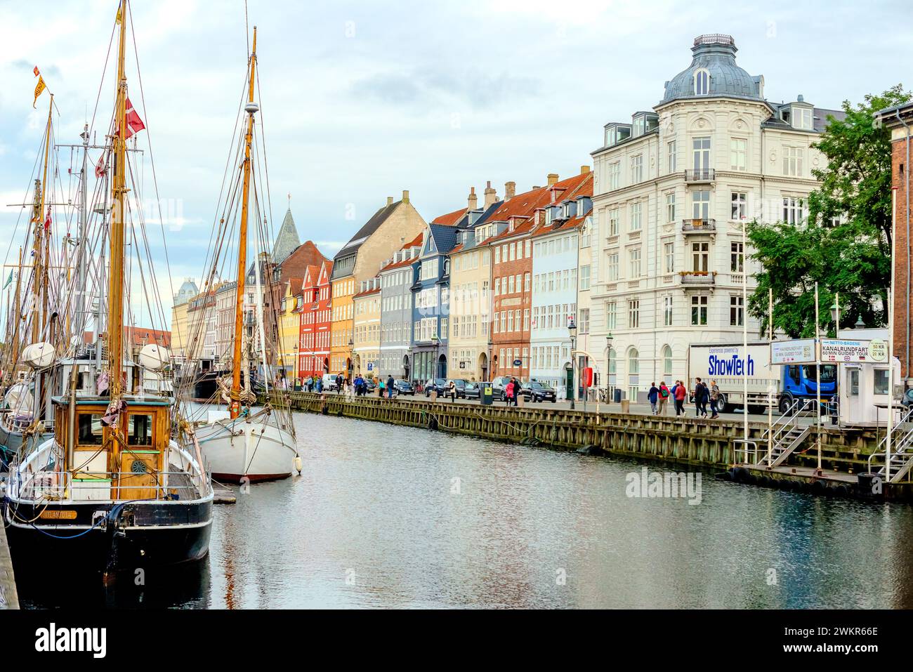 A scenic river view of vibrant buildings and boats in Copenhagen ...