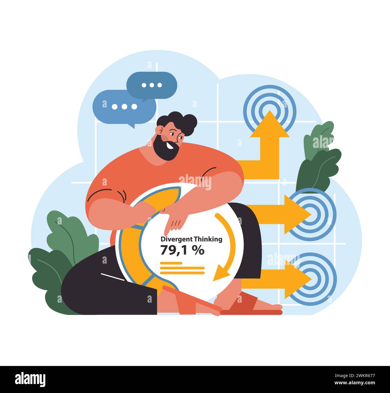 Navigating through ideas. Man steers divergent thinking wheel, with ...