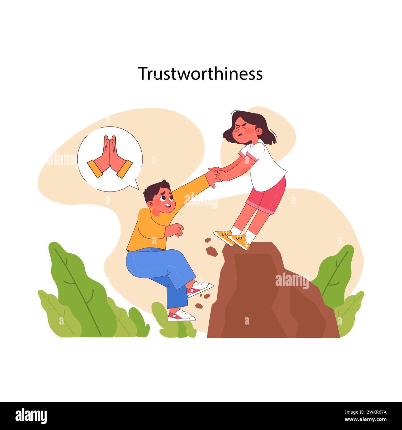 Trustworthiness concept. A child reaches to help another, showcasing ...
