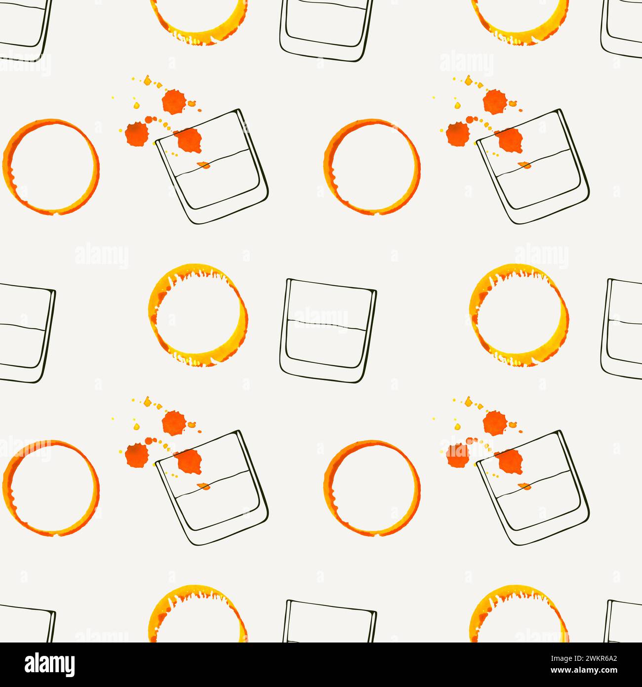 Whiskey glass pattern, design with glass and watercolor round stains ...