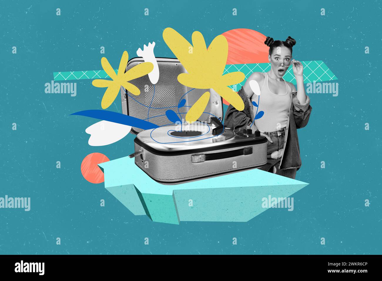 Poster collage artwork of surprised cheerful girl listen music sound ...