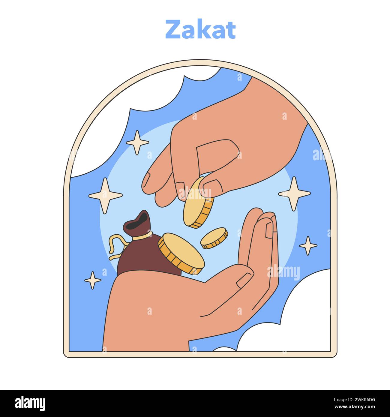 Zakat charity concept depicted with coins handed to the needy ...