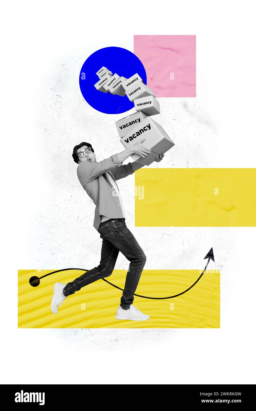 Vertical collage young man carry carton boxes vacancy job recruitment ...