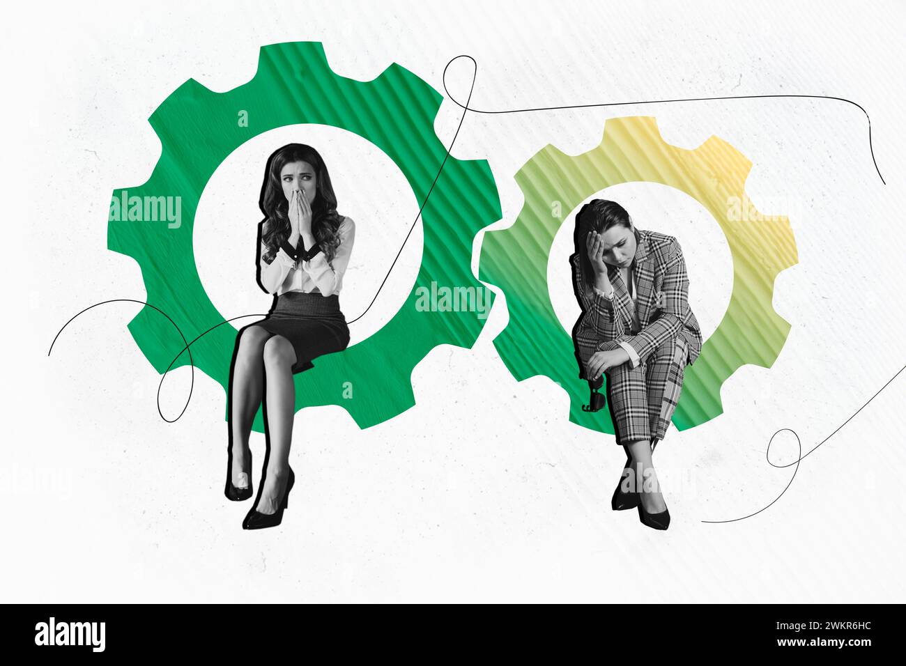 Creative photo collage two sitting young coworkers ladies upset afraid ...