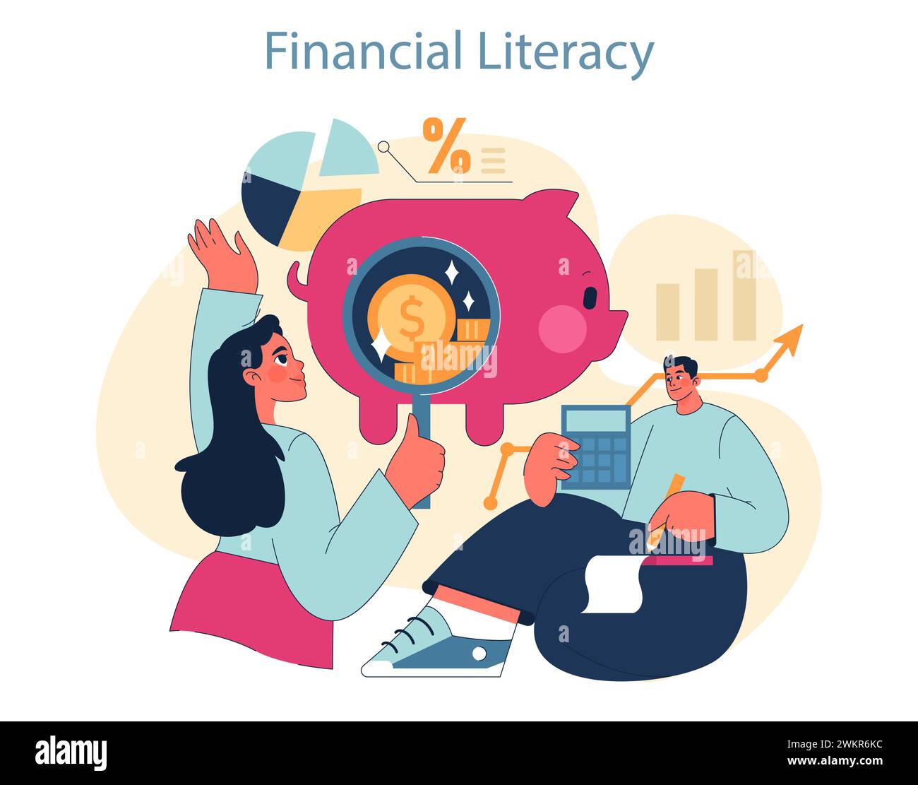 Empowering Financial Literacy concept. Young woman analyzing piggy bank ...