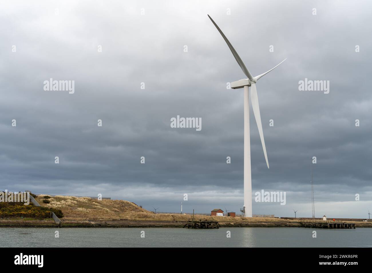 Wind turbine at the harbour in Blyth, Northumberland, UK. Renewable ...