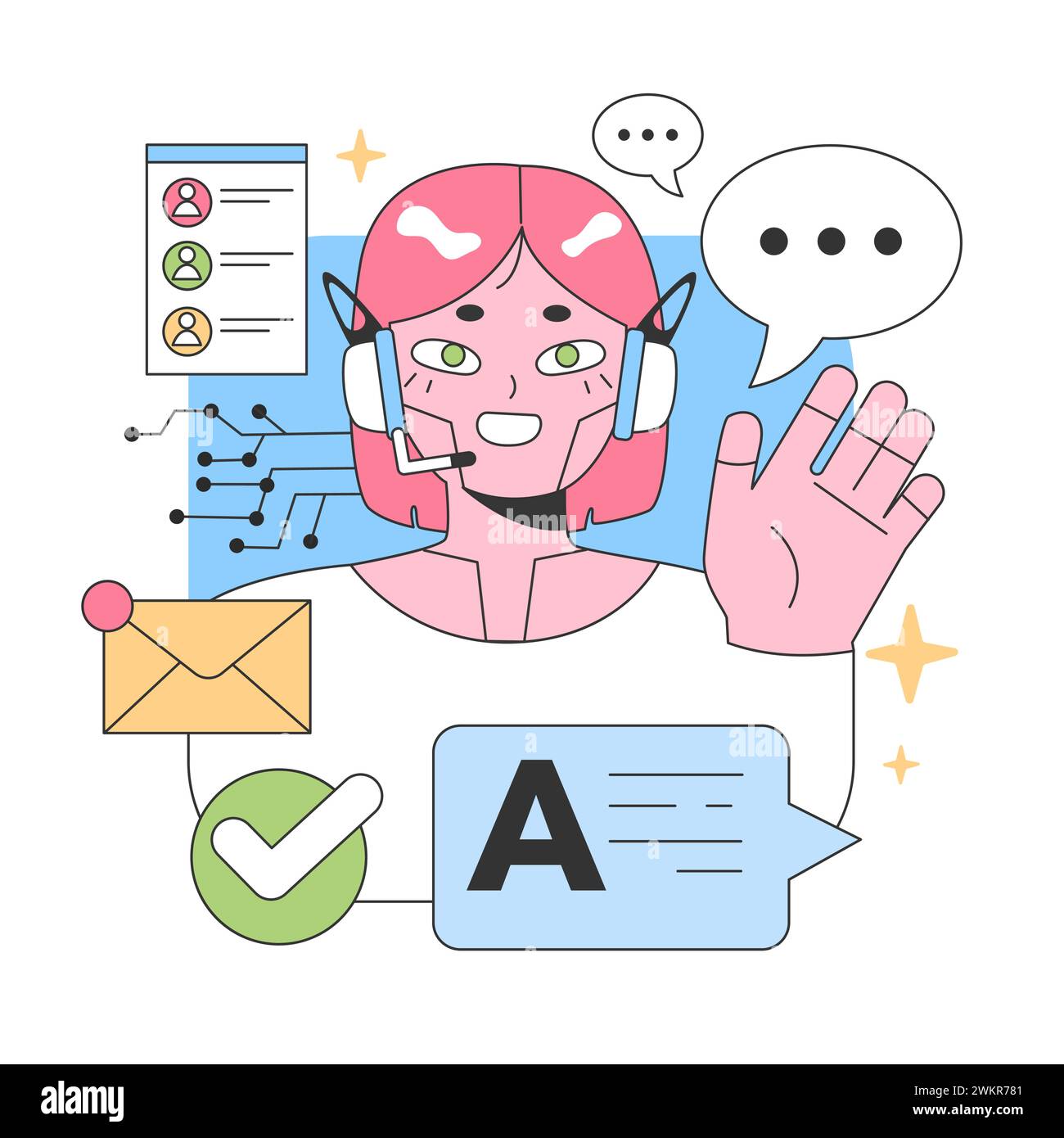 Virtual Assistant dynamics. Robotic woman with headset efficiently ...