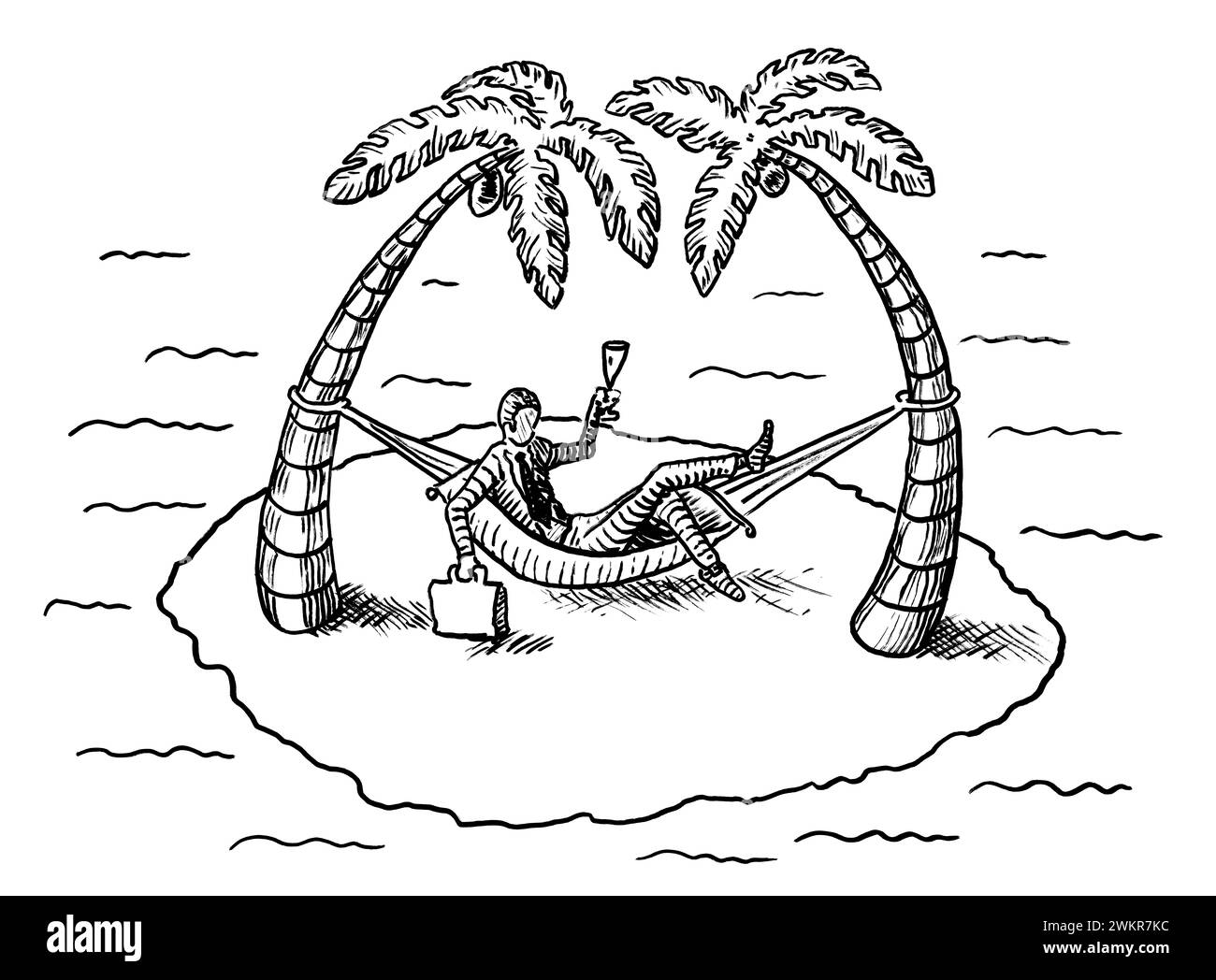 Freehand pen drawing of a remote island with palm trees and business ...