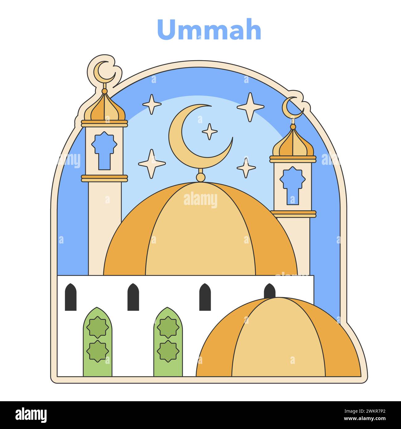 Ummah unity concept with mosque architecture under a starry sky and crescent moon. Symbolizes ...