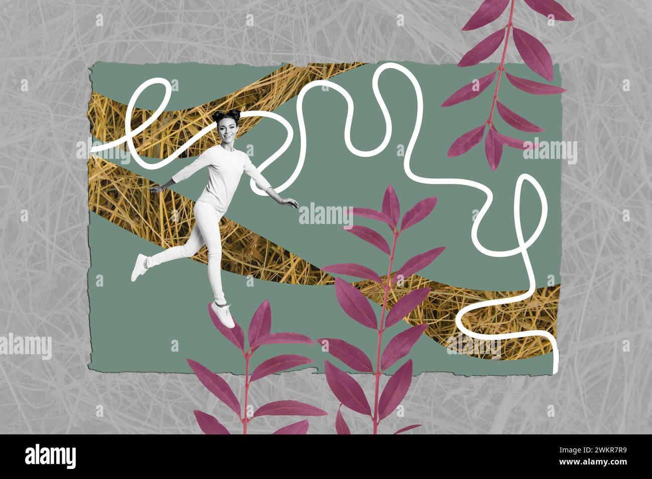 Collage picture poster of positive charming young woman running flying ...