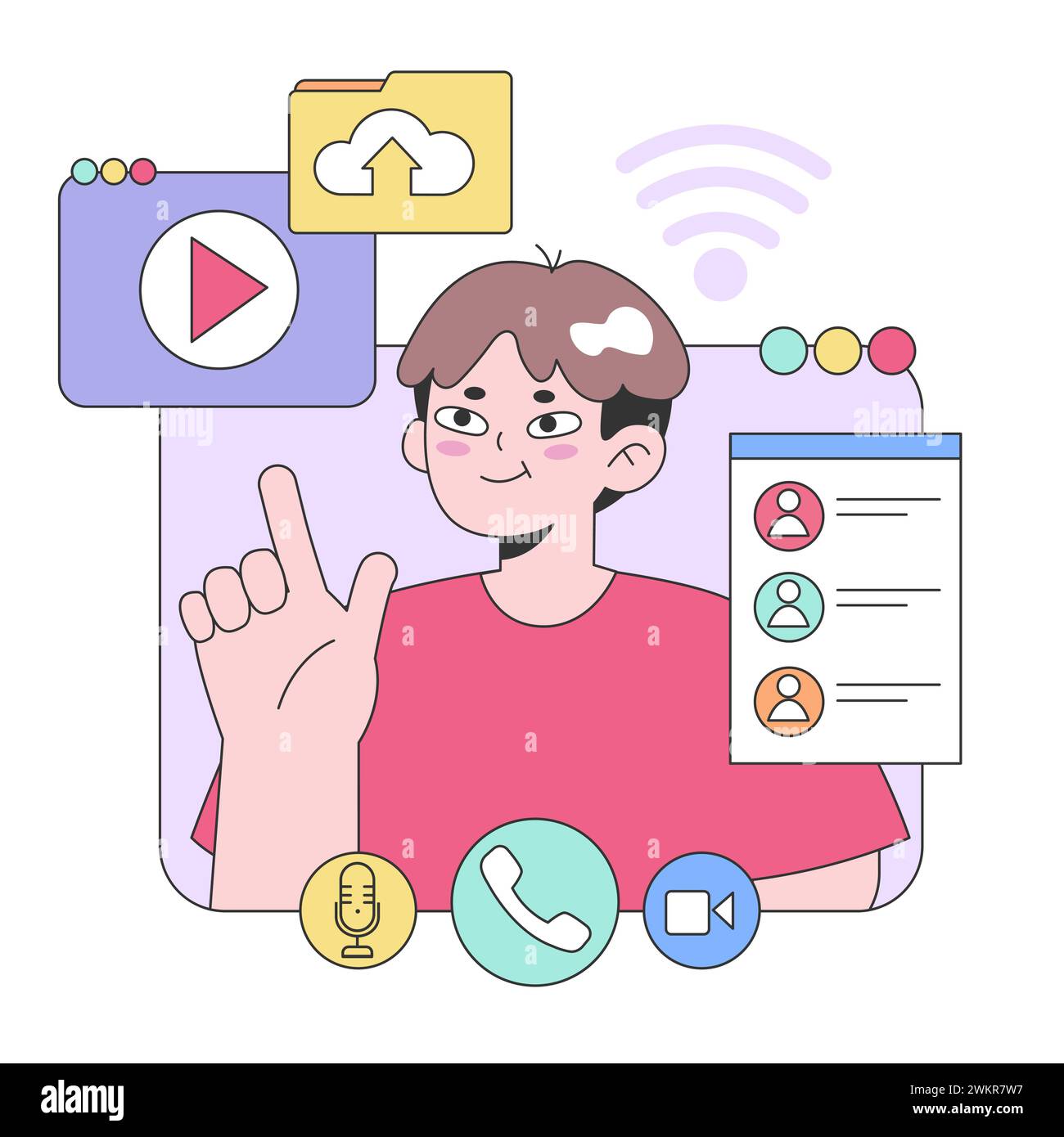 Enthusiastic young man navigating the digital world, uploading content ...