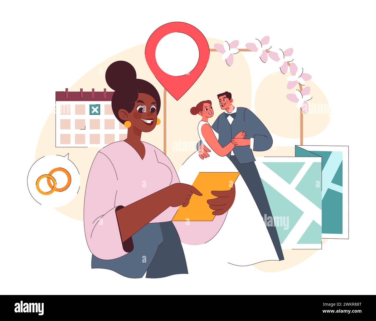 Venue concept. A joyful planner maps out wedding details with a ...