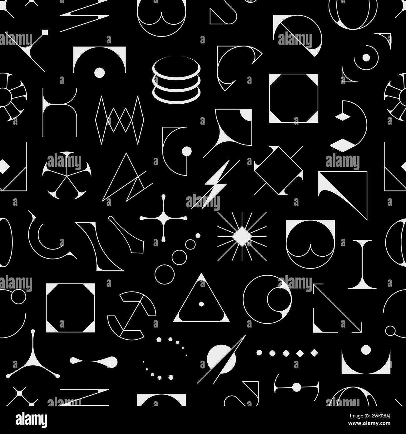 Futuristic brutalism shapes and geometric figures seamless pattern. Vector tile background with ...