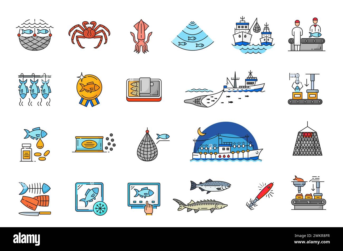 Fishing industry line icons of fishery boat, fish and seafood in ...