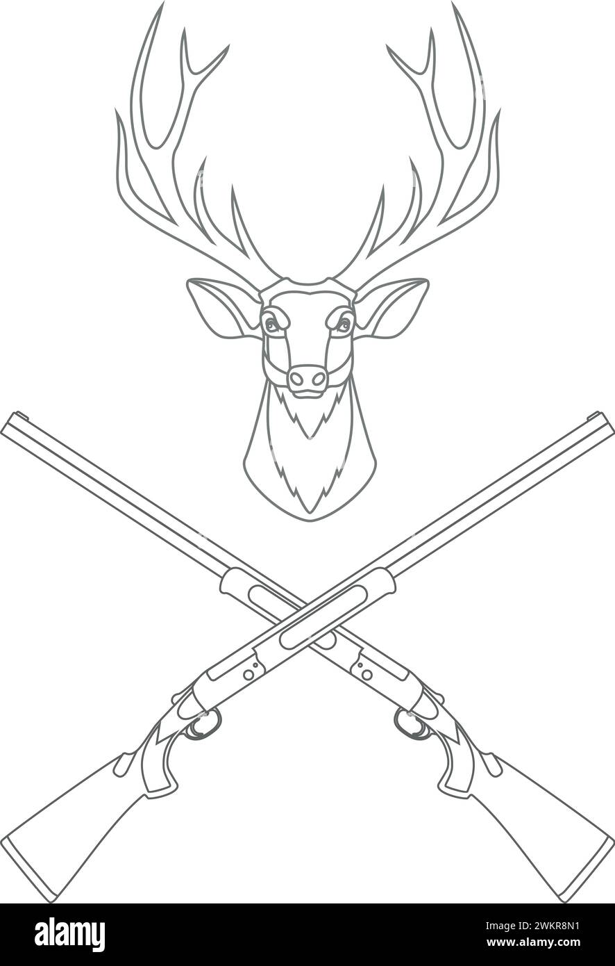 Deer Head and Crossed Hunting Rifles Isolated Outline in Flat Style ...