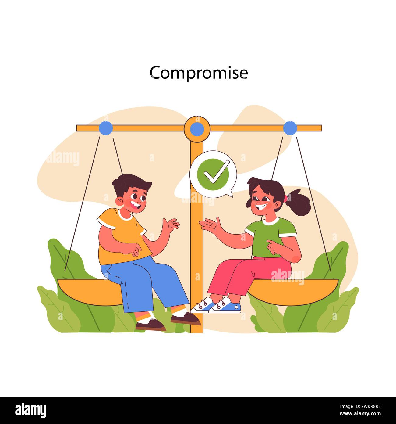 Compromise concept. Two cheerful kid finding mutual agreement on a ...